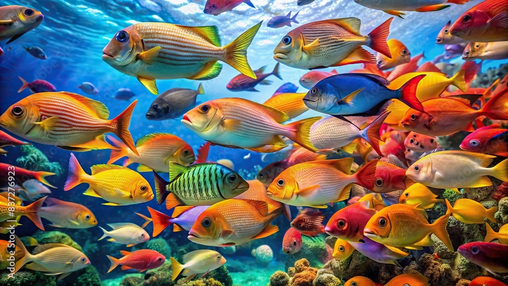 Underwater of a colorful school of fish swimming together, underwater ...