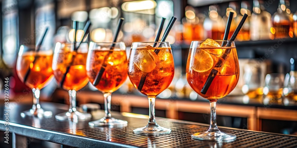 Close-up shot of Aperol spritz cocktail glasses with black smoking ...