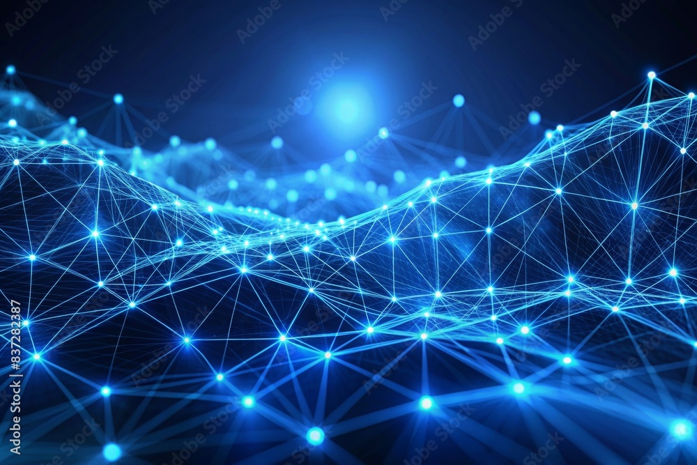Dynamic wave of connected points and lines in blue light, futuristic ...