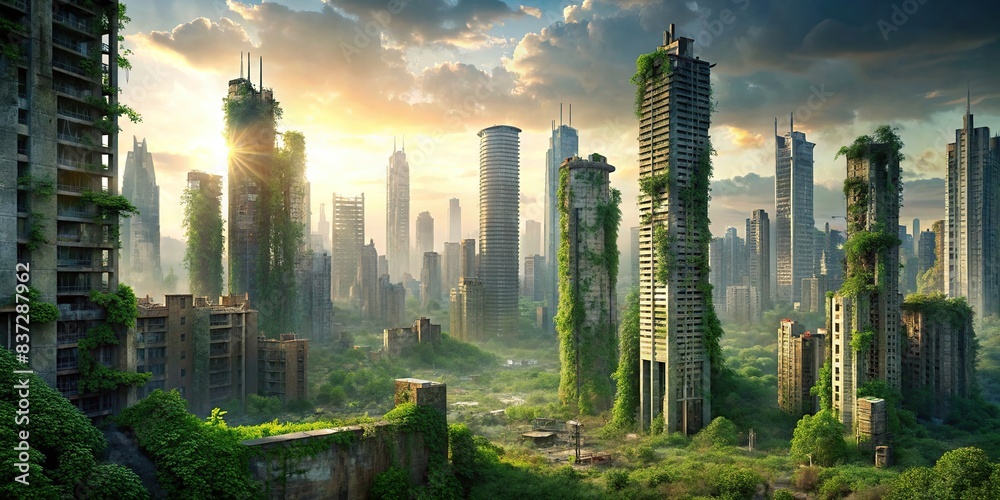 Ruined post-apocalyptic skyline with overgrown skyscrapers isolated on ...