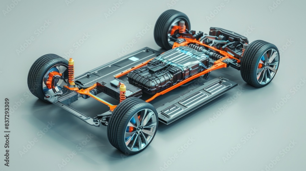 A line art 3D illustration displays a modern electric car chassis x-ray ...