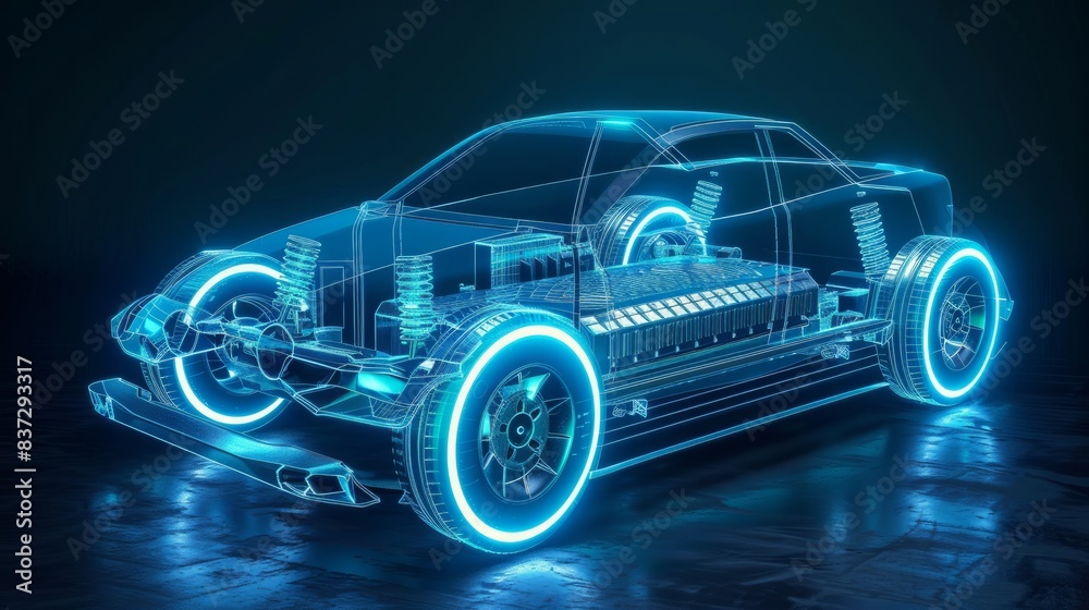 A line art 3D illustration displays a modern electric car chassis x-ray ...