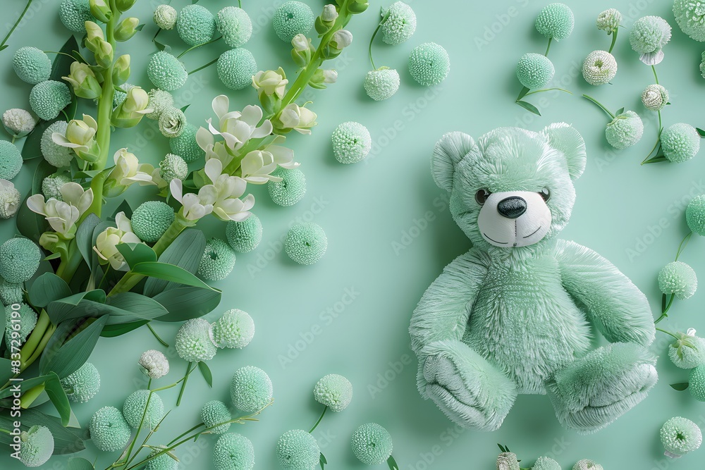 Mint Green Teddy Bear with Flowers on Mint Background, Cute Plush Toy ...