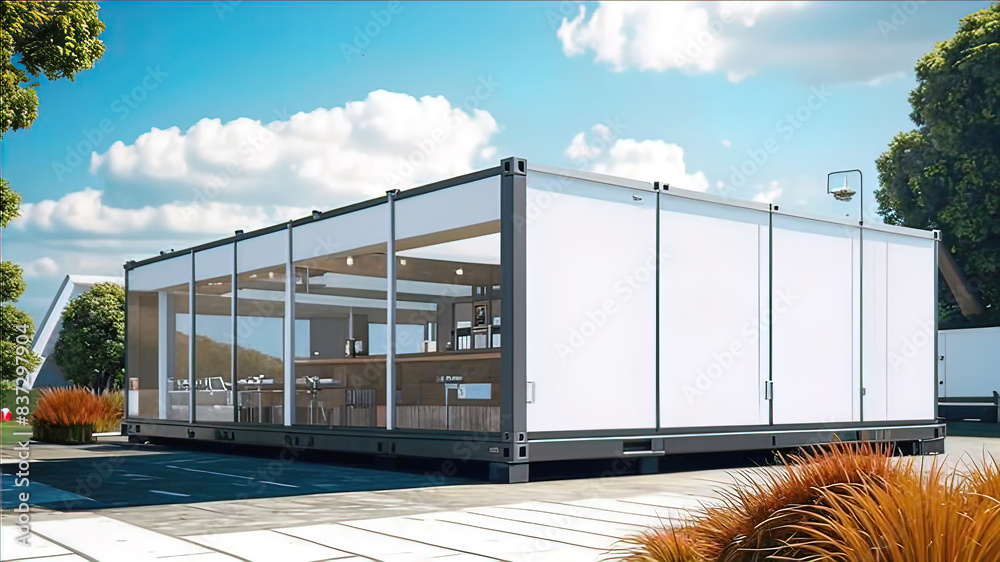 Container style cafeteria with white facade, food station on the road ...