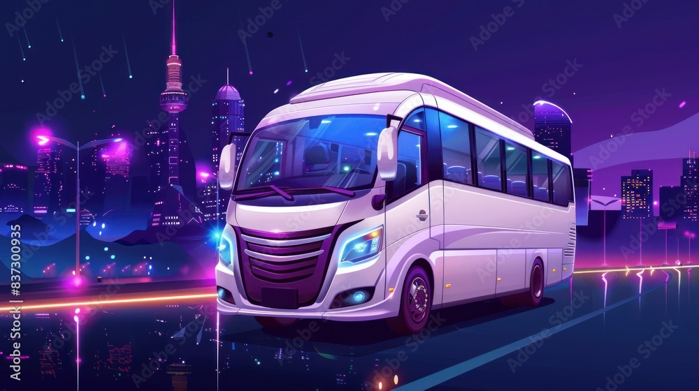 A modern city bus driving along a city street at night, with the city ...