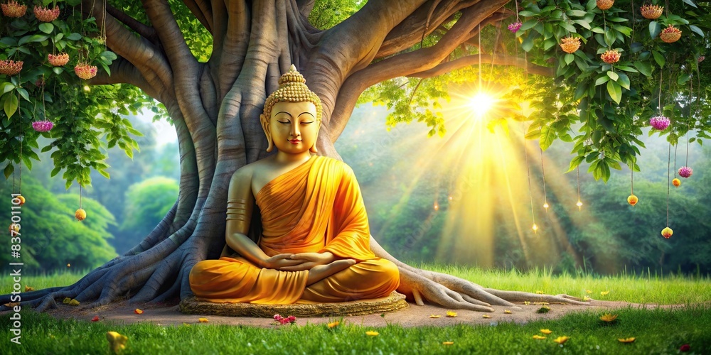 of Gautam Buddha meditating peacefully under a Bodhi tree for Vesak day ...