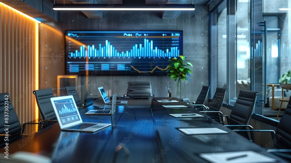 High-tech meeting room with an expansive table, laptops, documents, and ...