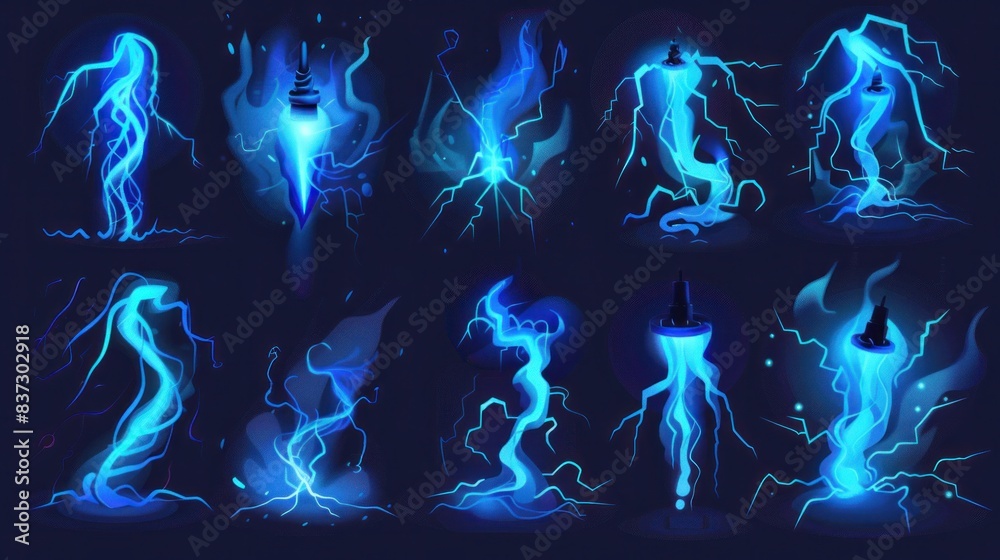 Cartoon lightning animation. Animated frames of electric strike, magic ...