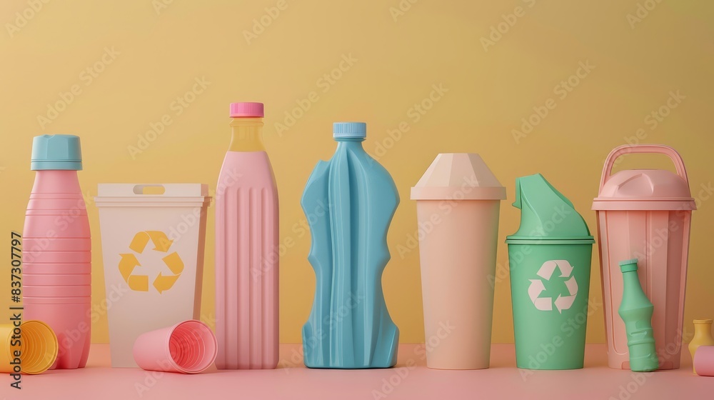 Recyclable plastic types in a flat design, front view, and 3D render ...