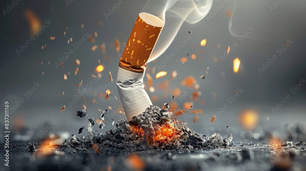 Cigarette being extinguished with dramatic sparks and smoke ...
