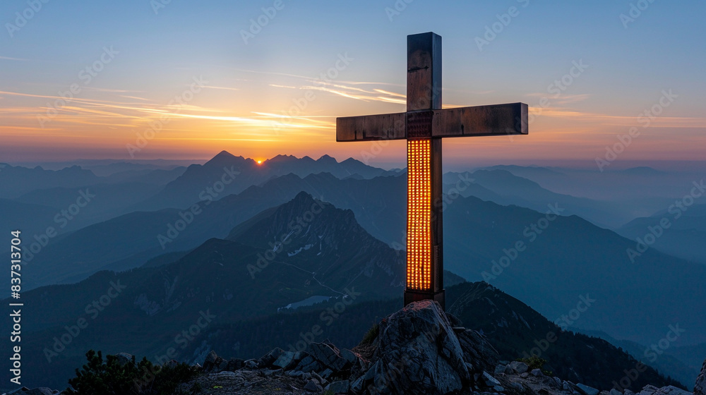 A Christian cross on a mountaintop at dawn, with the rising sun behind ...
