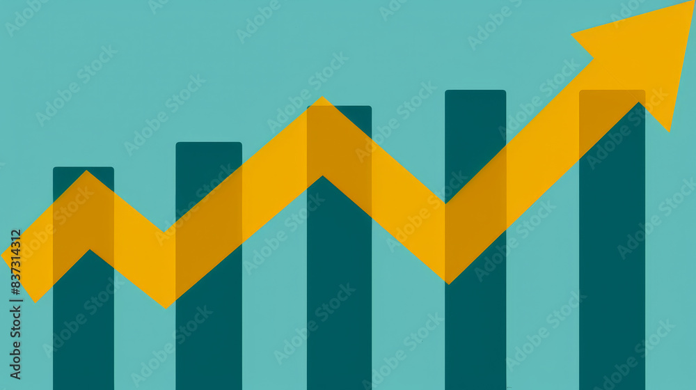 Bar graph with teal bars, yellow upward arrow on teal background. Image ...