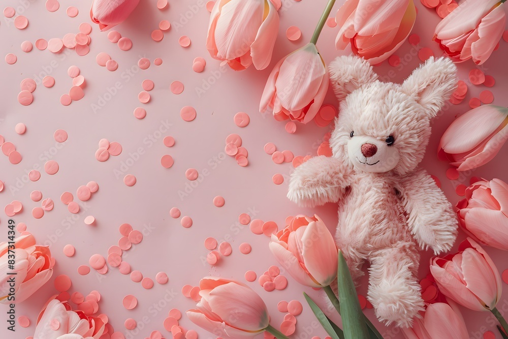 Pink Plush Bear with Tulips on Pastel Pink Background, Spring Floral ...