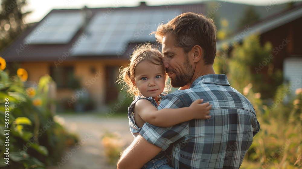 Rear view of dad holding her little girl in arms and showing at their ...