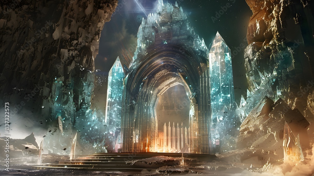 Ornate crystal gate with magical patterns, leading to another dimension ...