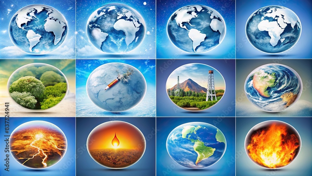 of various icons representing greenhouse effect, climate change, global ...