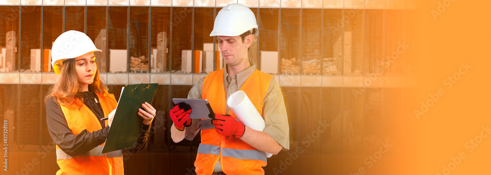 Construction team. Man and woman at construction site. Teamwork of two ...