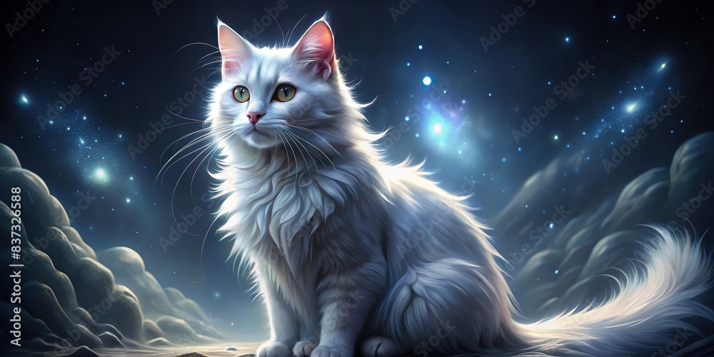Fantasy art of a white cat in the night with a black background ...