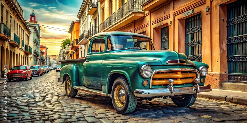 Vintage pick-up truck parked on a city street lined with iconic classic ...