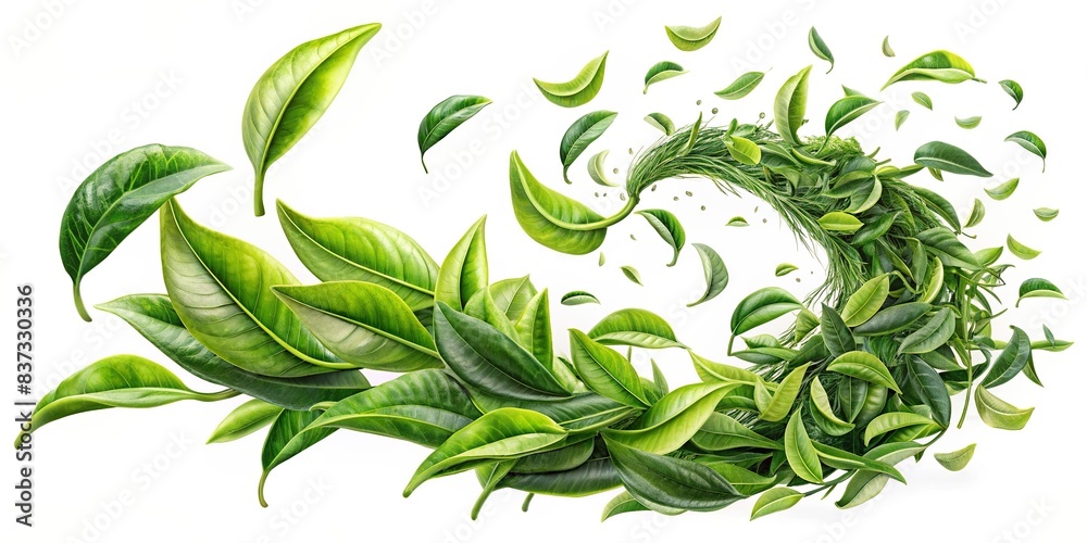 Green tea leaves flying and falling, with tropical leaf border element ...