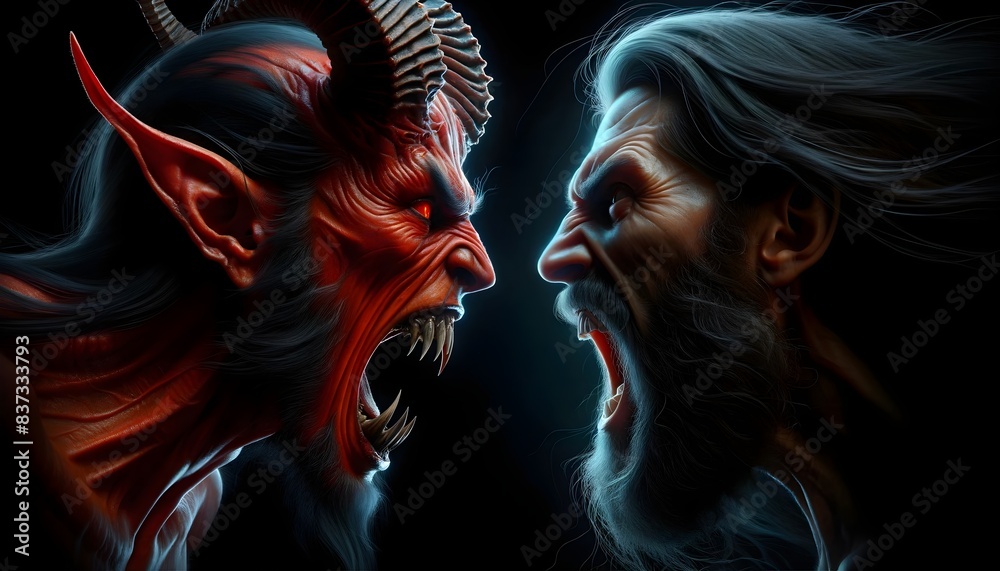 The image depicts an intense face-off between a demonic creature with ...