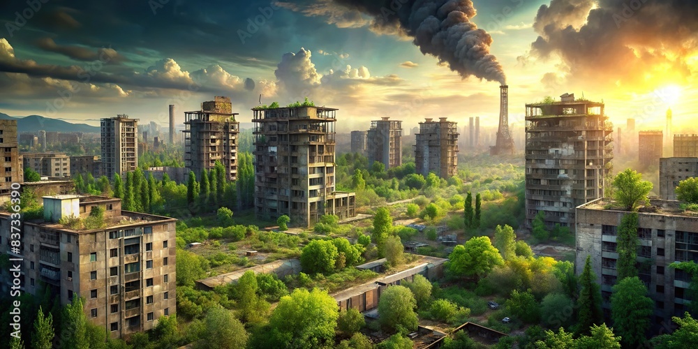 Destroyed city skyline after a nuclear war, abandoned buildings ...