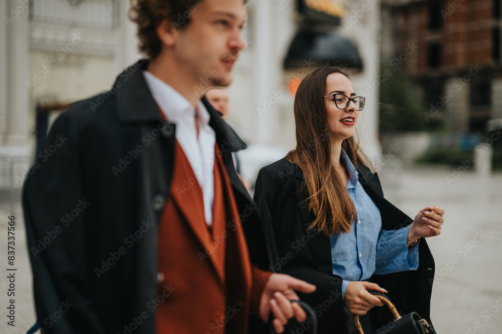 Confident business professionals walking outdoors while engaging in a ...