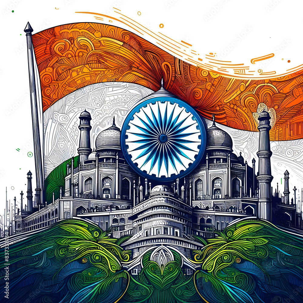photo of an Indian flag combination with an Indian city line art image ...