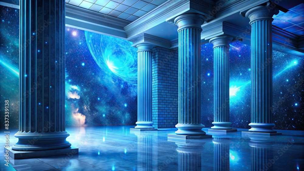 Blue pillar in a space stage floor hall with background Stock ...