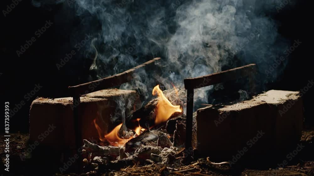 Campfire with flames and smoke rising from burning logs at night ...