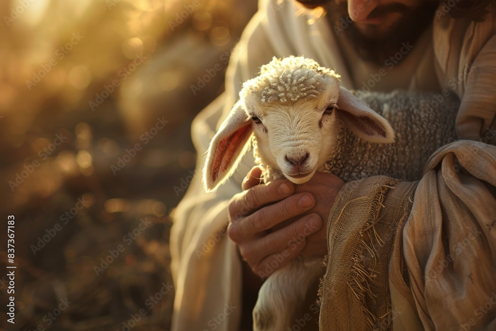 Jesus Christ holding a lamb and conveying a sense of protection and ...