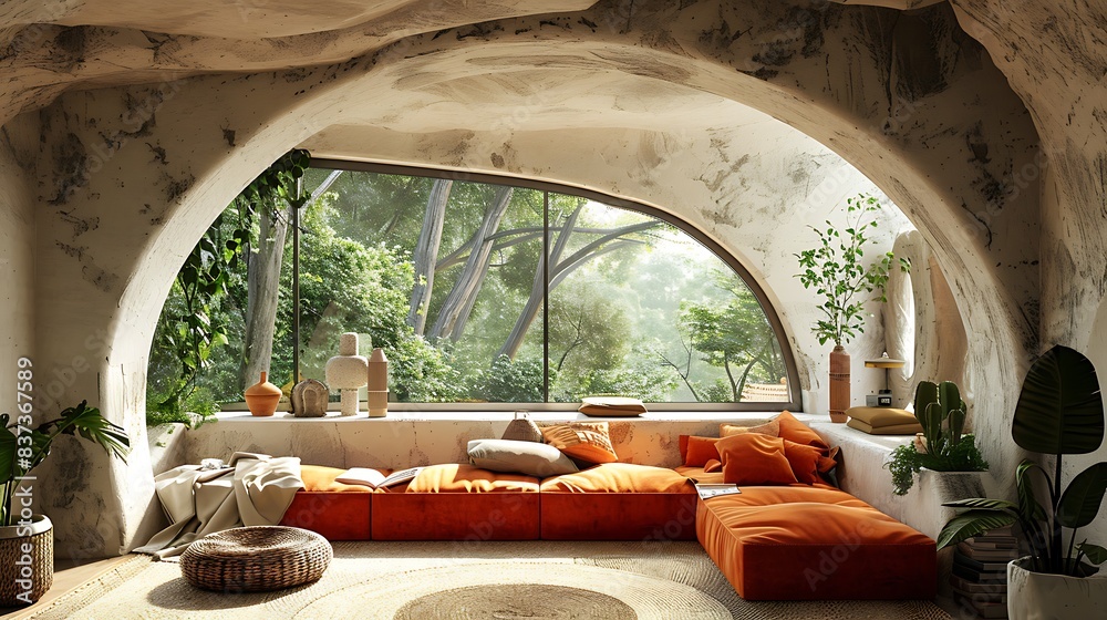 A modern and cozy cave-style living room with an arched window ...