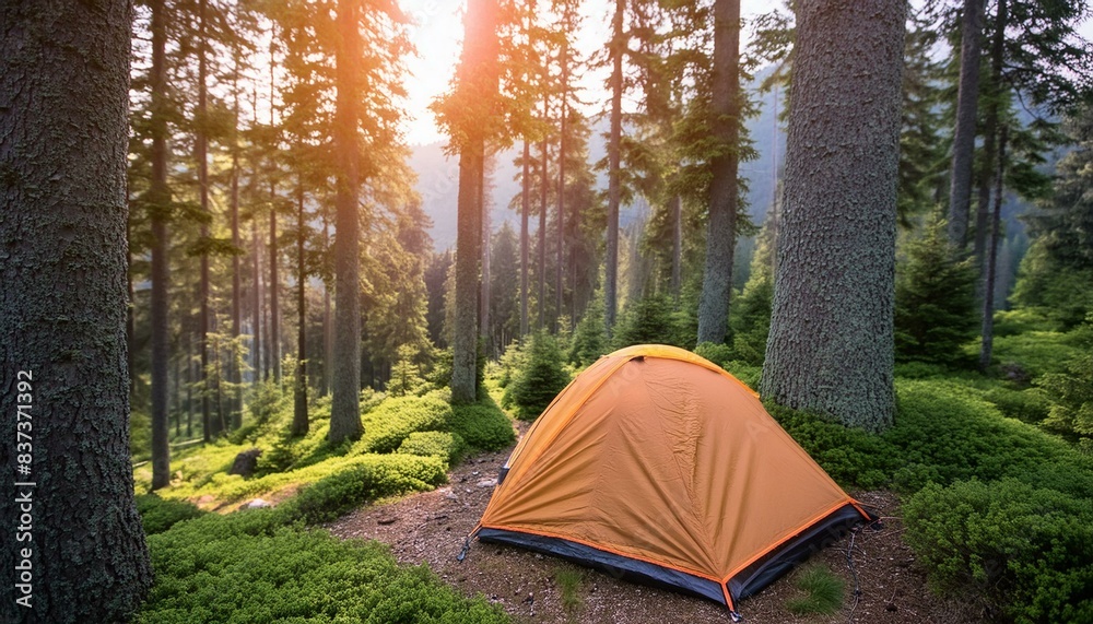Camping background with blurred forest background and tent. Outdoor ...