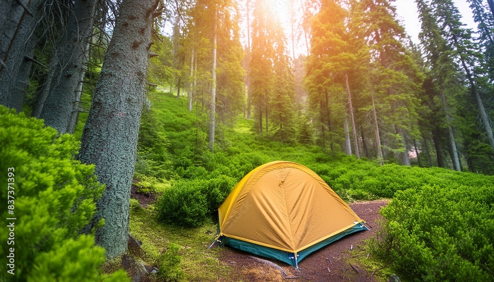 Camping background with blurred forest background and tent. Outdoor ...