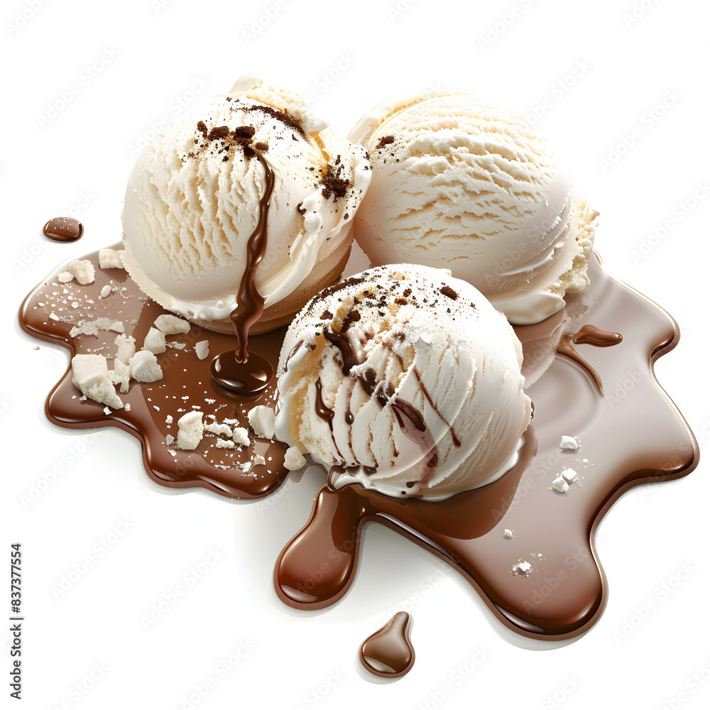 Ice cream melting and spilling on floor isolated on white background ...