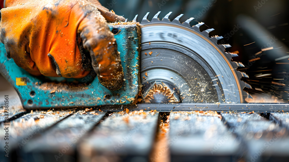 Sawing into finger with circular saw. injured worker with wound hand ...