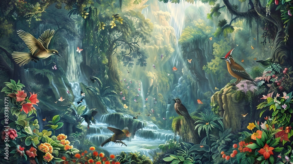 Tropical jungle pattern wallpaper with palm trees plants birds ...