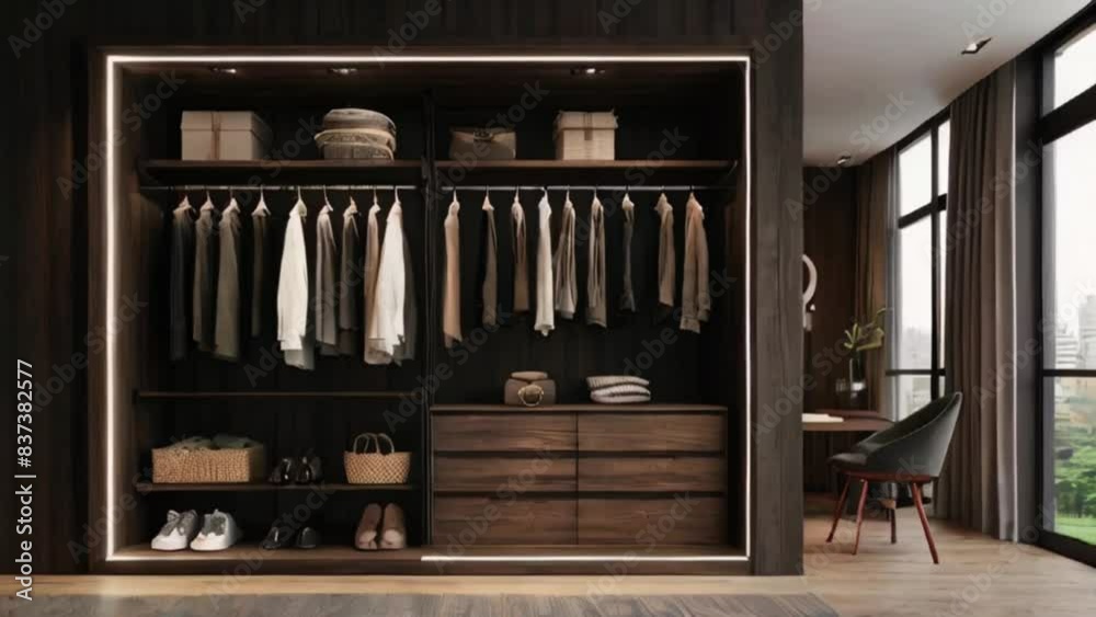 Modern dark wooden walk in wardrobe with clothes hanging on rail, 3d ...