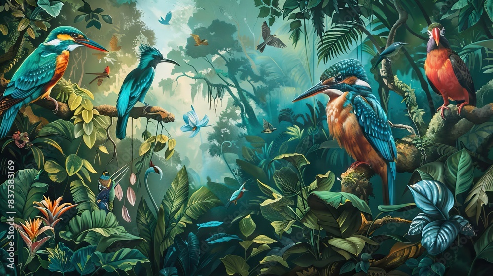 Tropical jungle pattern wallpaper with palm trees plants birds ...