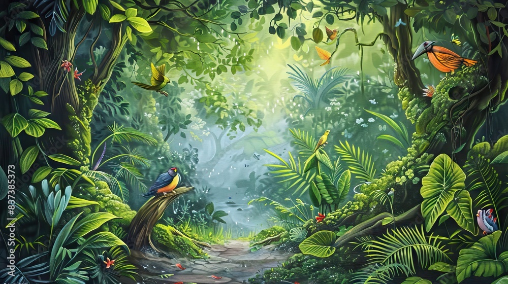 Tropical jungle pattern wallpaper with palm trees plants birds ...