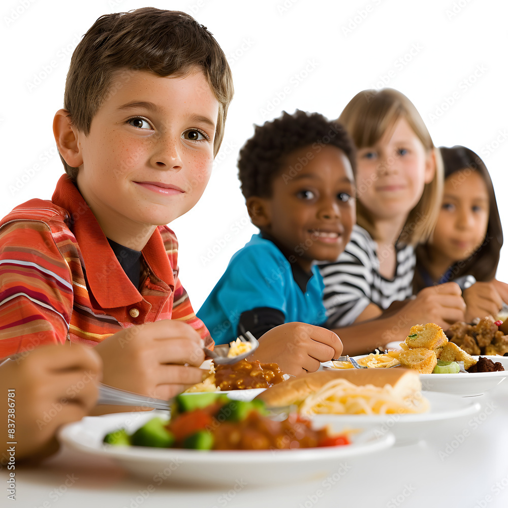 high school children eat in the school canteen isolated on white ...