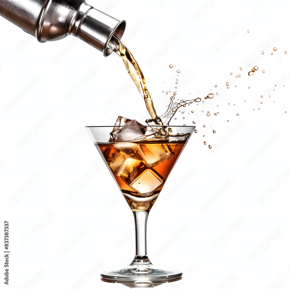 Bartender Finished Pouring A Chilled Cocktail From A Mixing Glass Into A Cocktail Glass Isolated