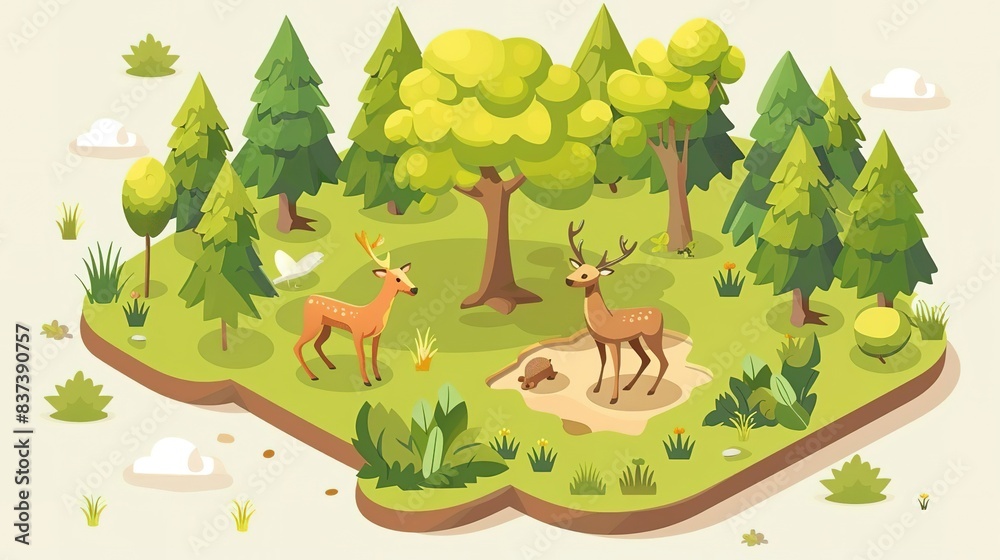 Isometric illustration of a forest with two deer, trees, and bushes ...