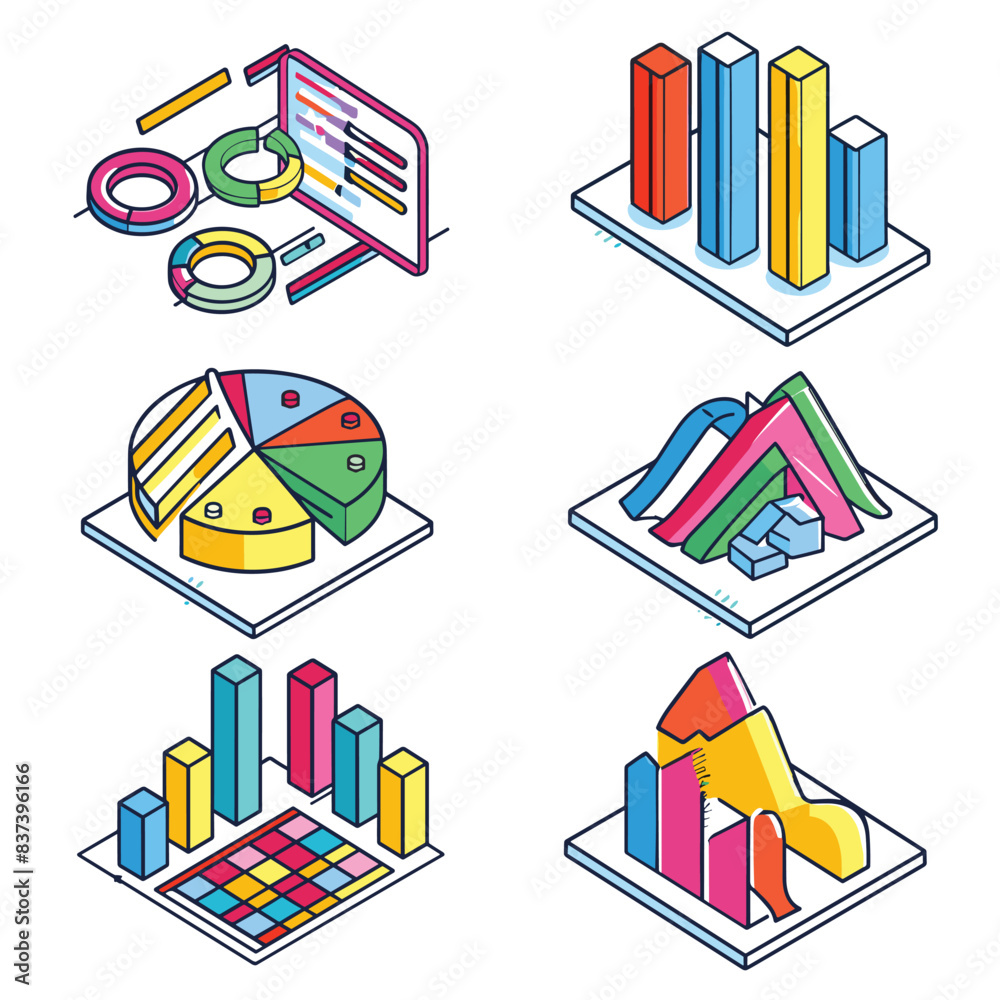 Colorful 3D isometric graphs charts representing business analytics data visualization ...