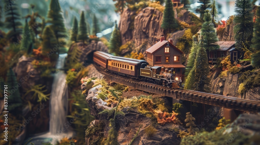 model train navigating a mountainous landscape. The train winds through ...