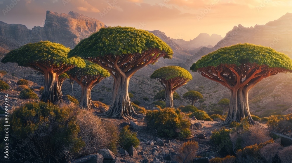 Dragon's Blood Trees (Dracaena cinnabari) against the backdrop of ...