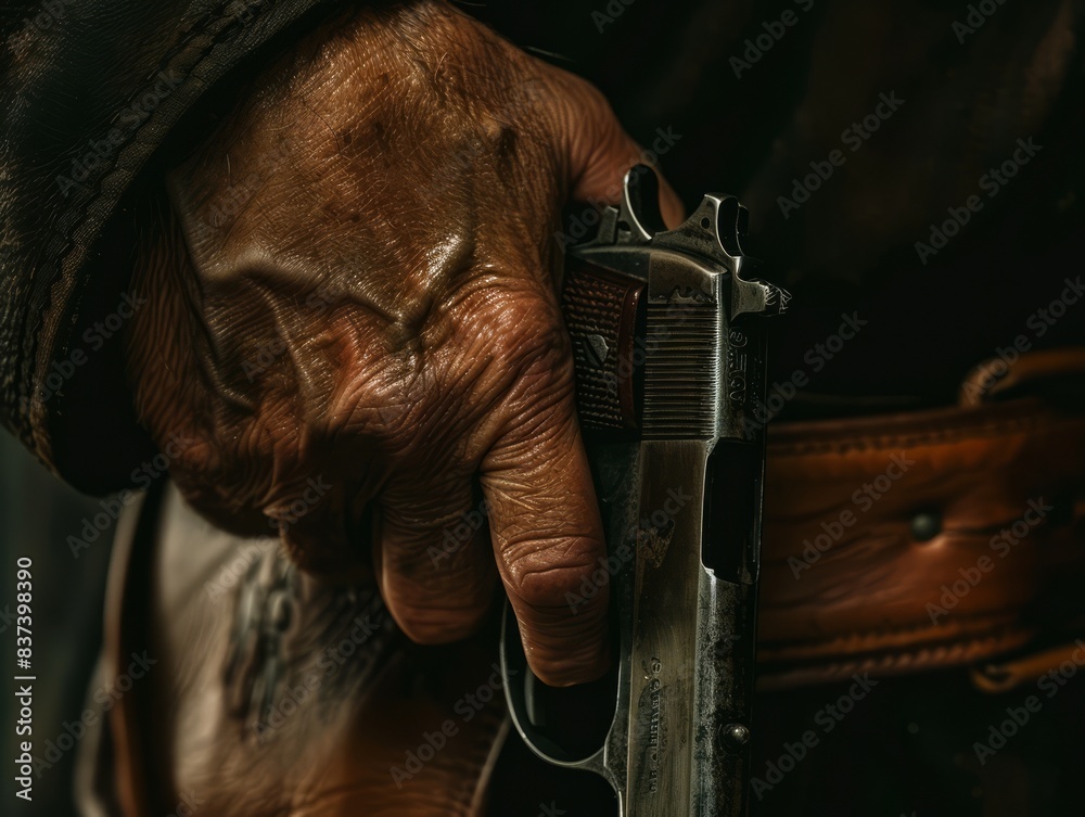 hands, one holding a vintage pistol and the other poised to draw from a ...