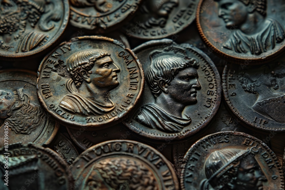 A collection of bronze coins minted during the Punic Wars, bearing the ...