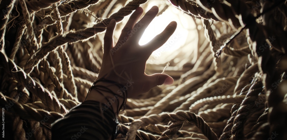 hand reaching out from within a tangled mass of ropes, fingers ...