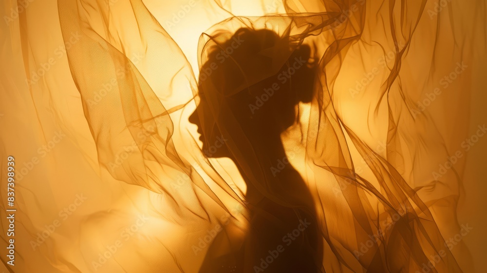 woman silhouette through sheer curtains, her form softly defined by the ...